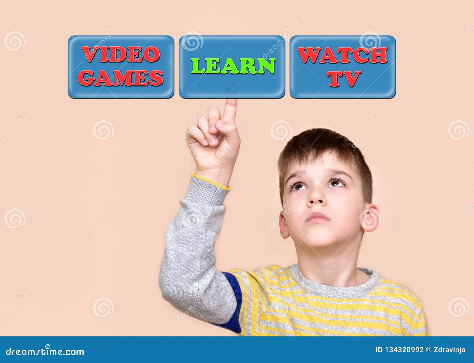 Young Boy Touching Learn Button on a Virtual Touch Screen Stock Photo ...