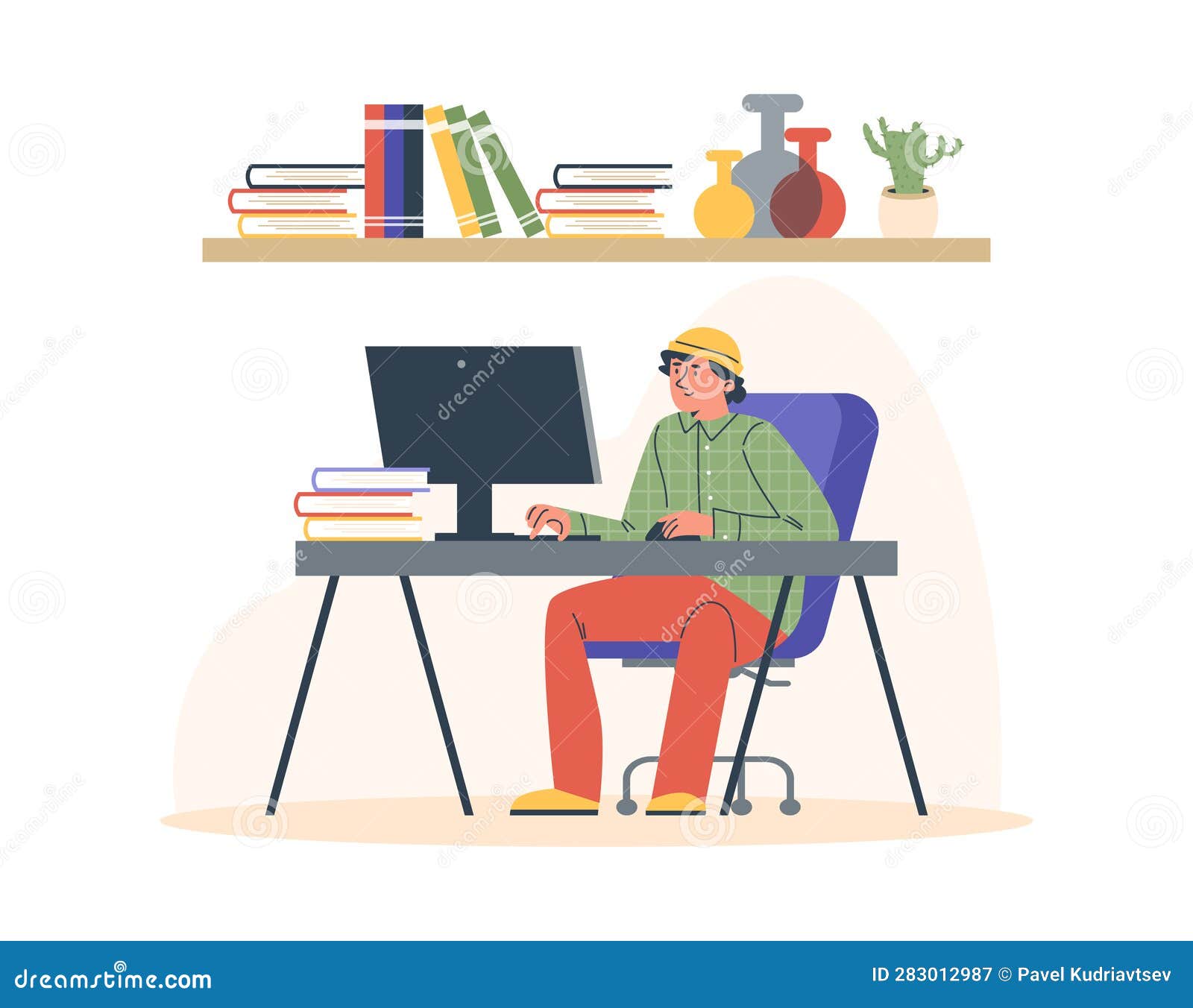 Young Boy Working at Computer Flat Style, Illustration Stock ...