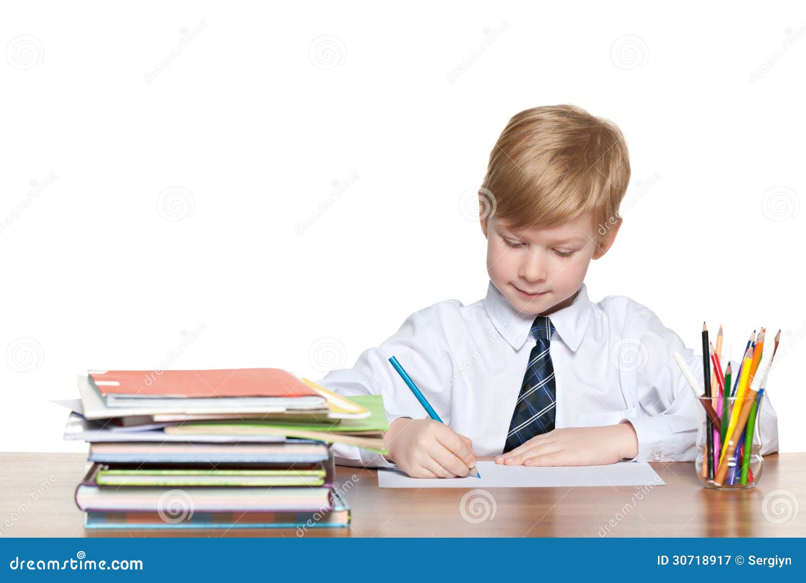 Young Boy Writes at the Desk Stock Image - Image of childhood, clever ...