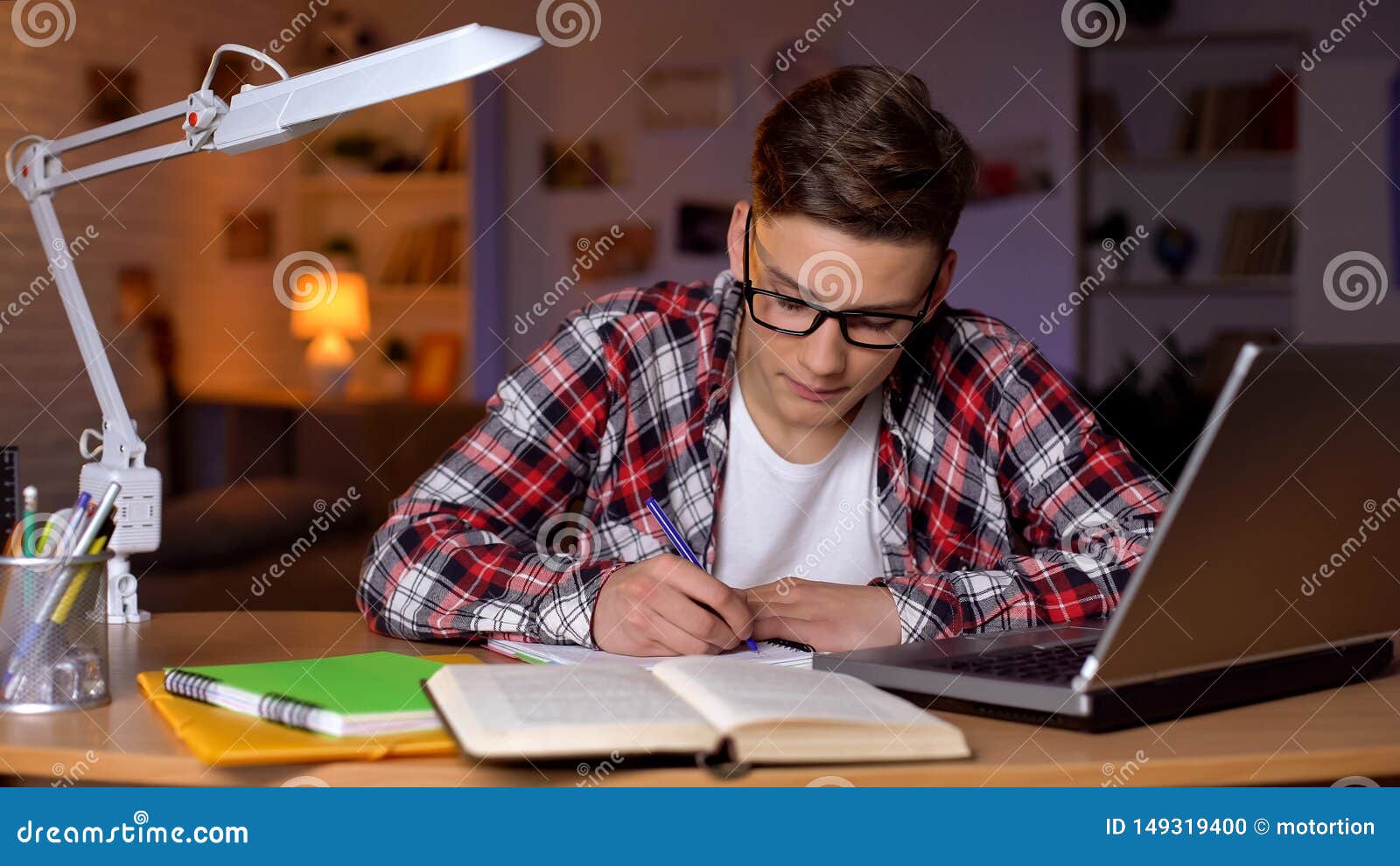 Young Boy Writing Summary Preparing for Test Making Project in College ...