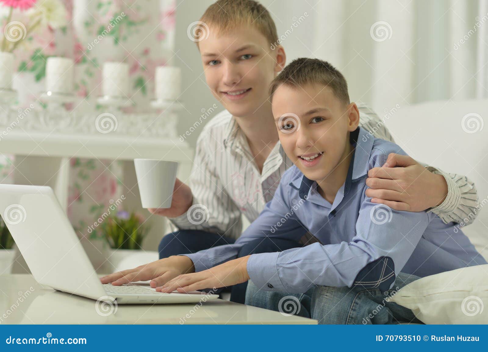 Young Boys and Laptop Computer Stock Photo - Image of friends ...
