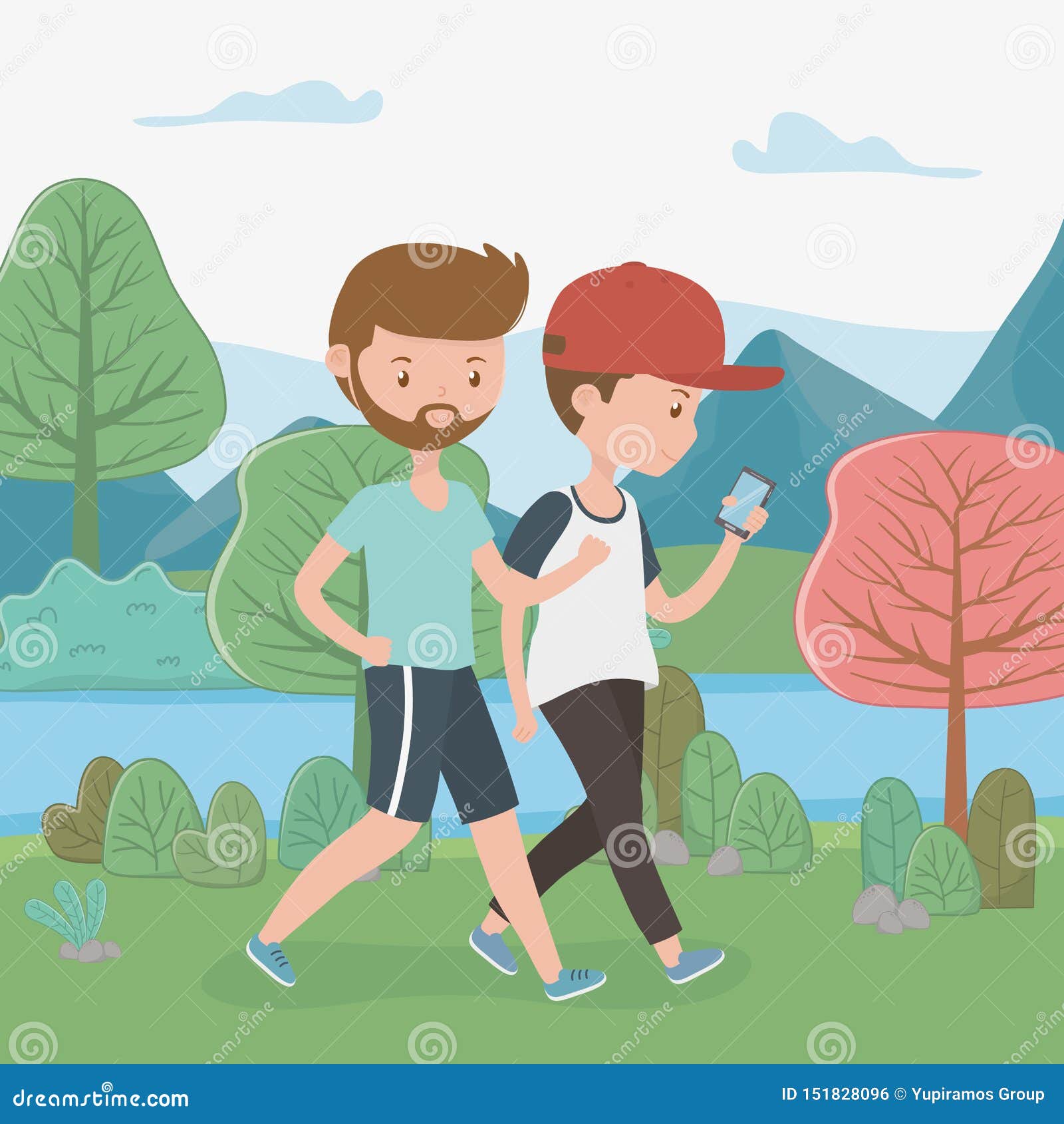 Young Boys Walking Using Smartphones in the Park Stock Vector ...