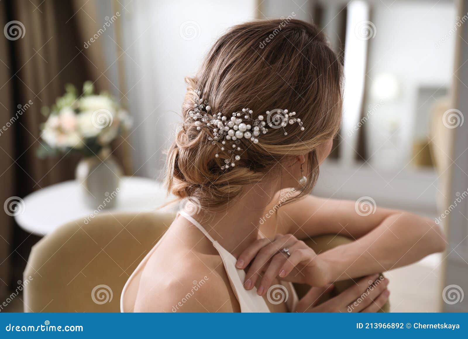 Young Bride with Elegant Wedding Hairstyle in Room, Back View Stock ...