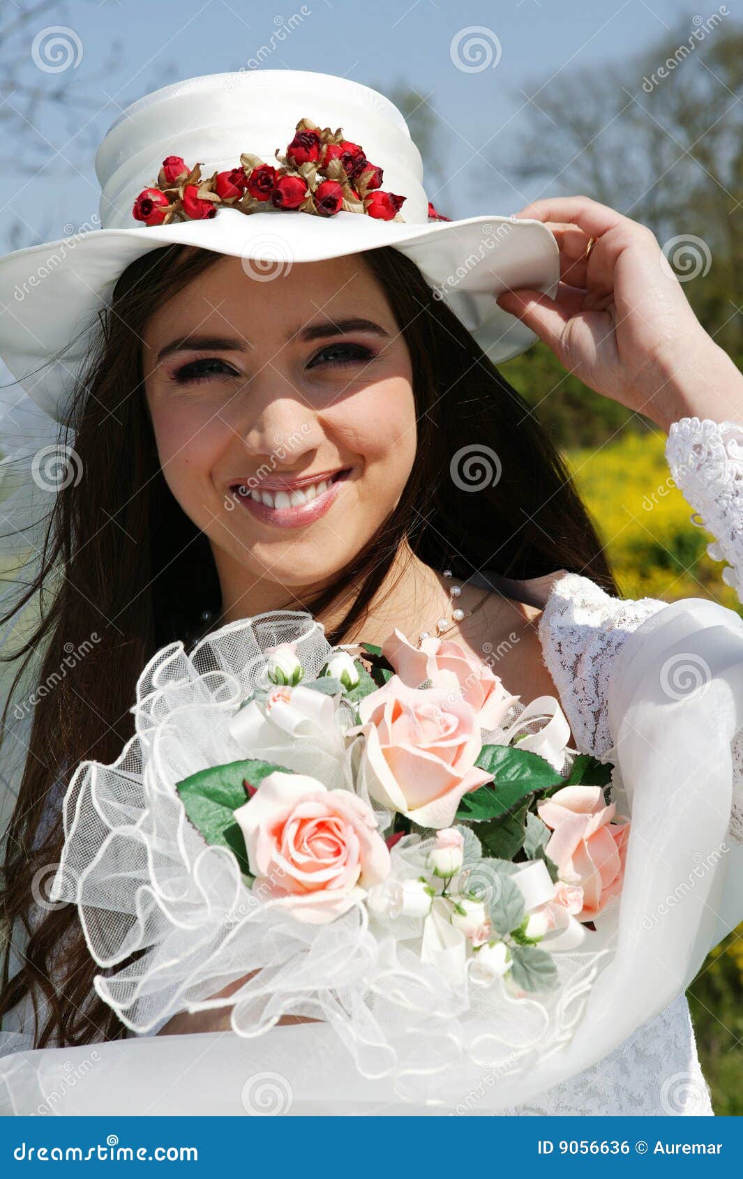 Young Bride with Hat and Bouquet Stock Photo - Image of countryside ...