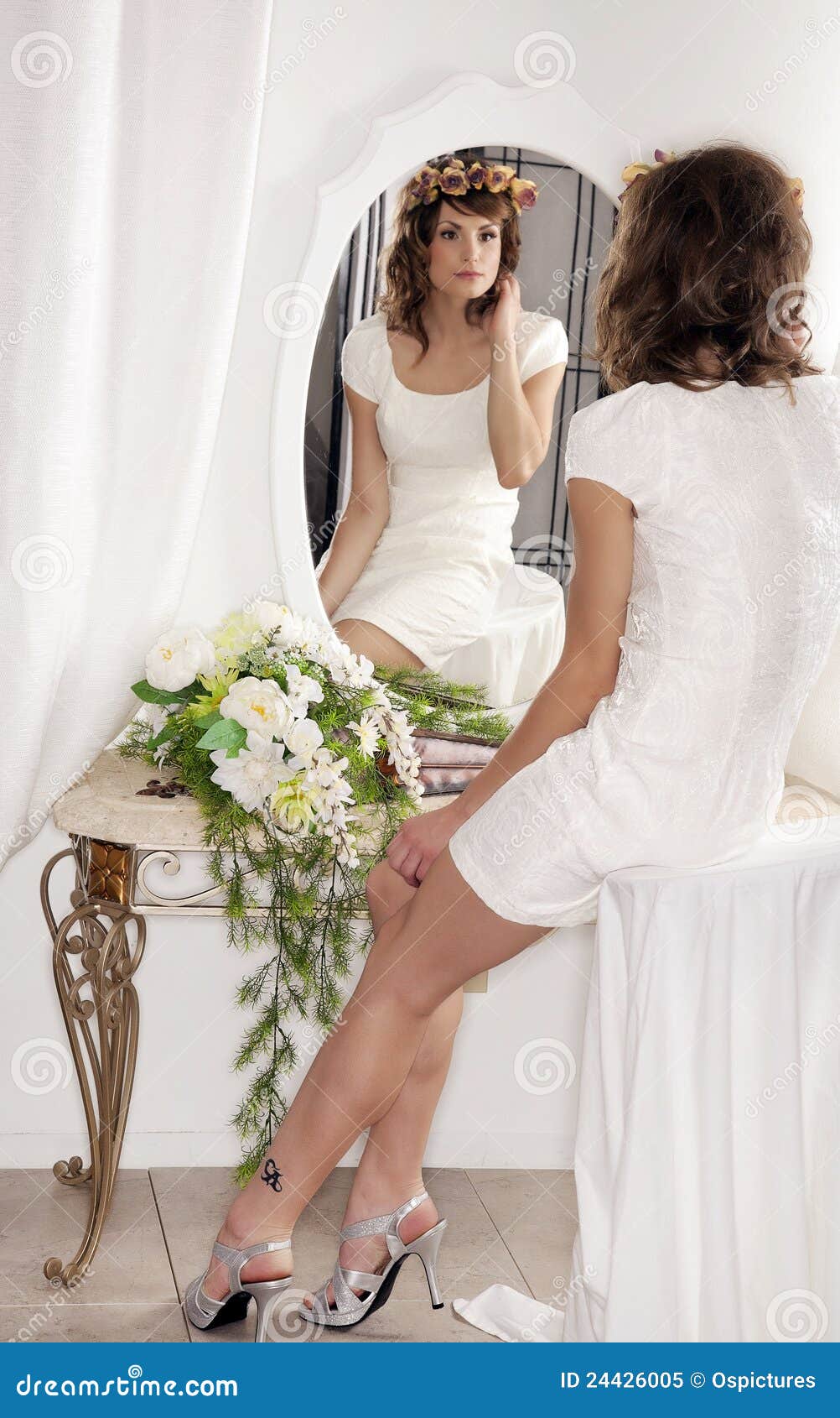 Young Bride Looking in Mirror Stock Image - Image of contemplation ...