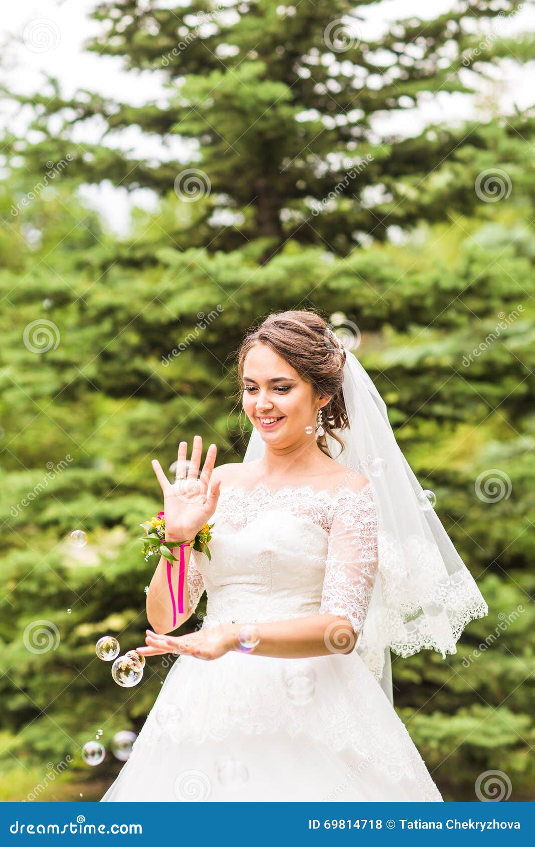Young Bride Play with Soap-bubble and Joy Smile Stock Photo - Image of ...