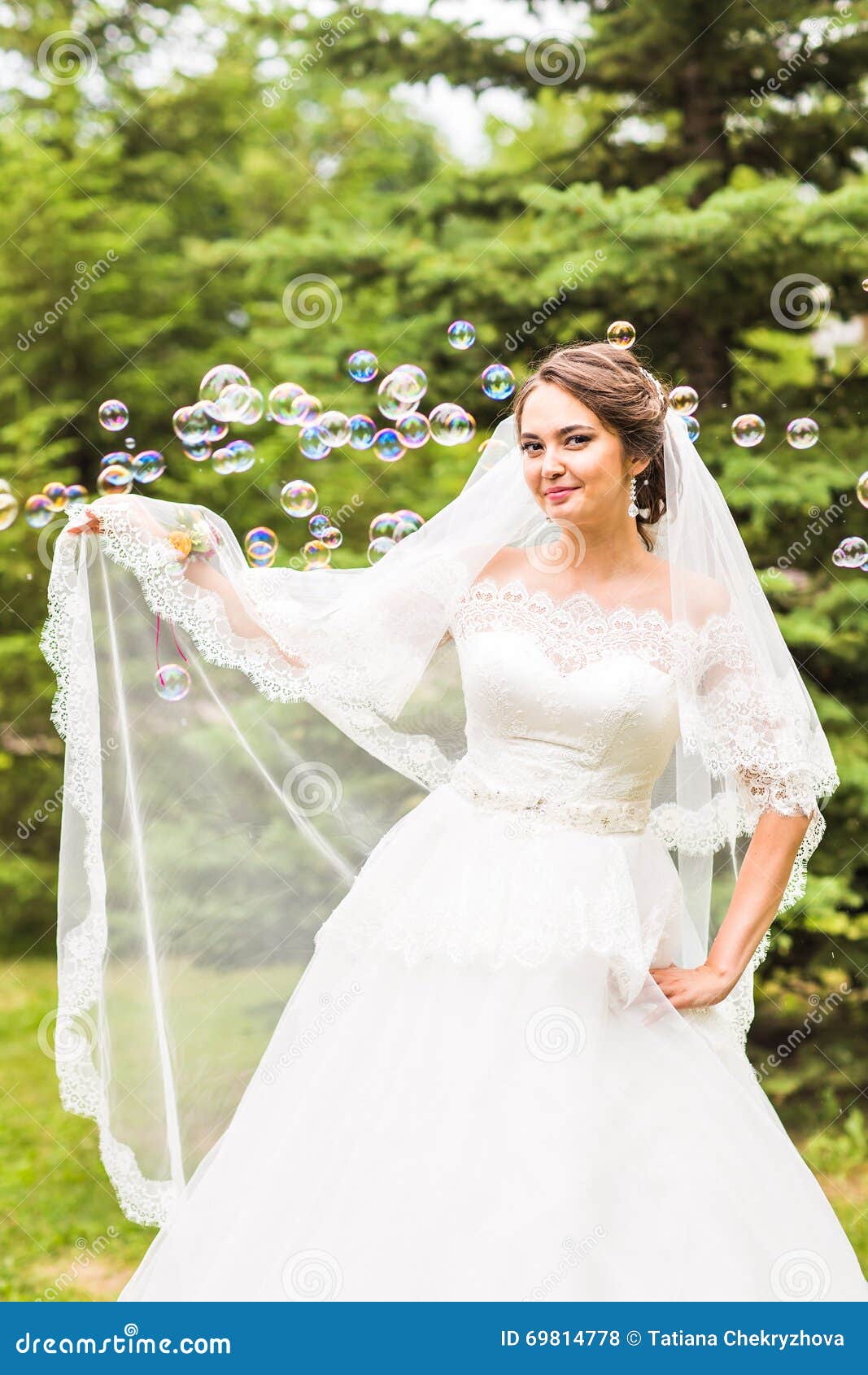 Young Bride Play with Soap-bubble and Joy Smile Stock Photo - Image of ...