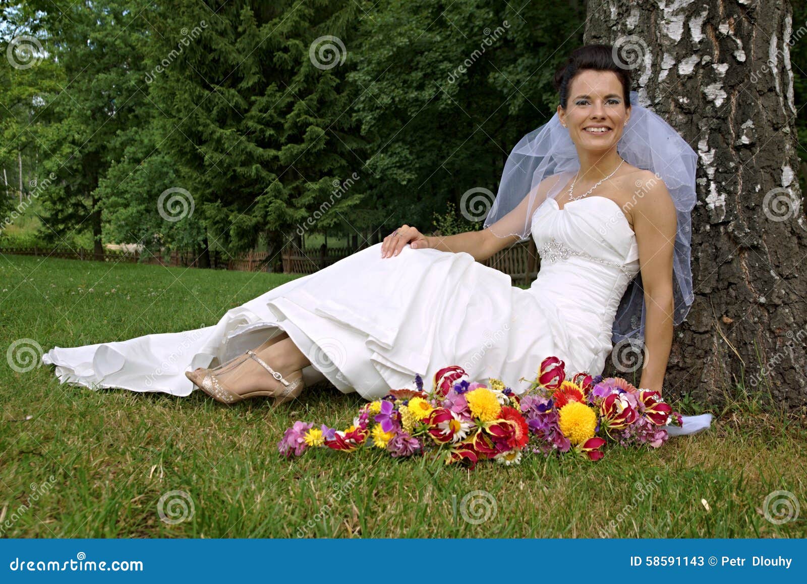 Young Bride Sitting Under Tree Stock Image - Image of bride, happy ...