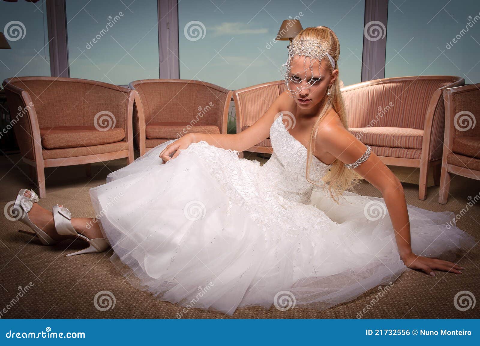 Young Bride in White Dress Seated on the Floor. Stock Photo - Image of ...
