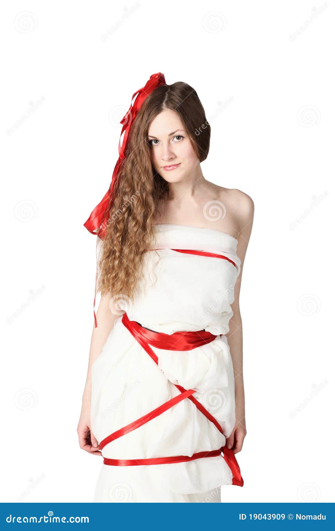 Young Bride Wrapped with Red Ribbons Stock Image - Image of female ...