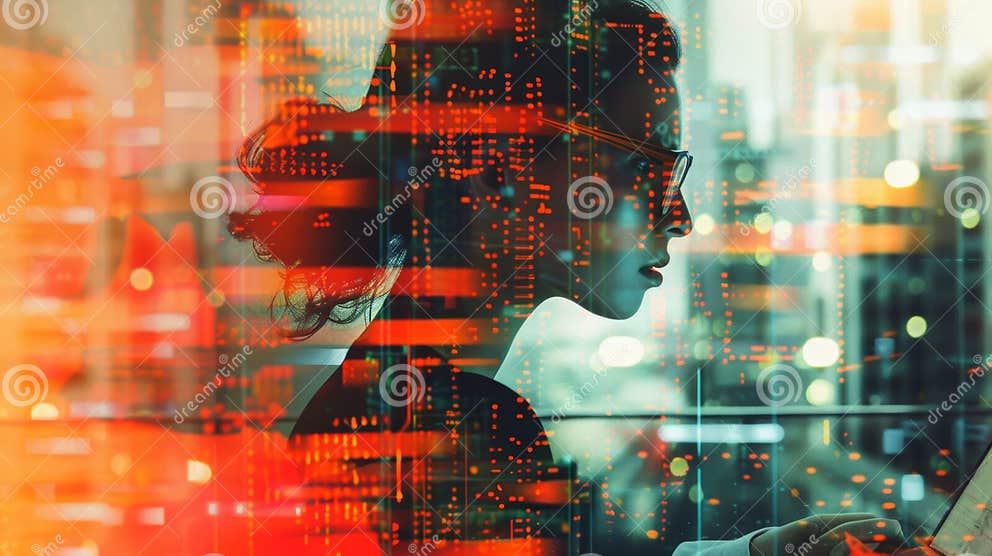 Innovative Technology a Young Coder Focused on Their Laptop with a Creative Digital Overlay ...