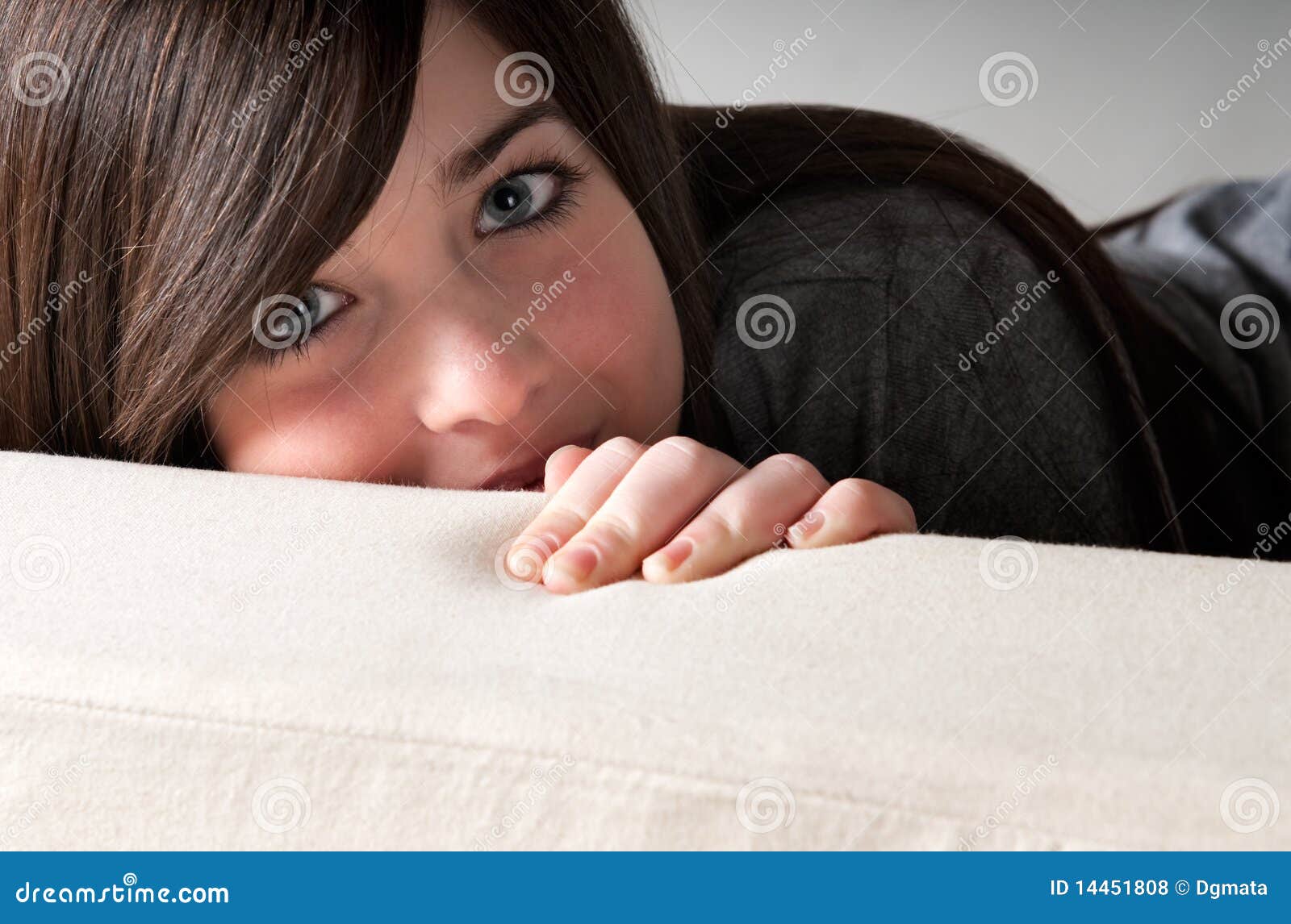 Young Brunette Female Lean Out Sofa Playful Stock Photo - Image of ...
