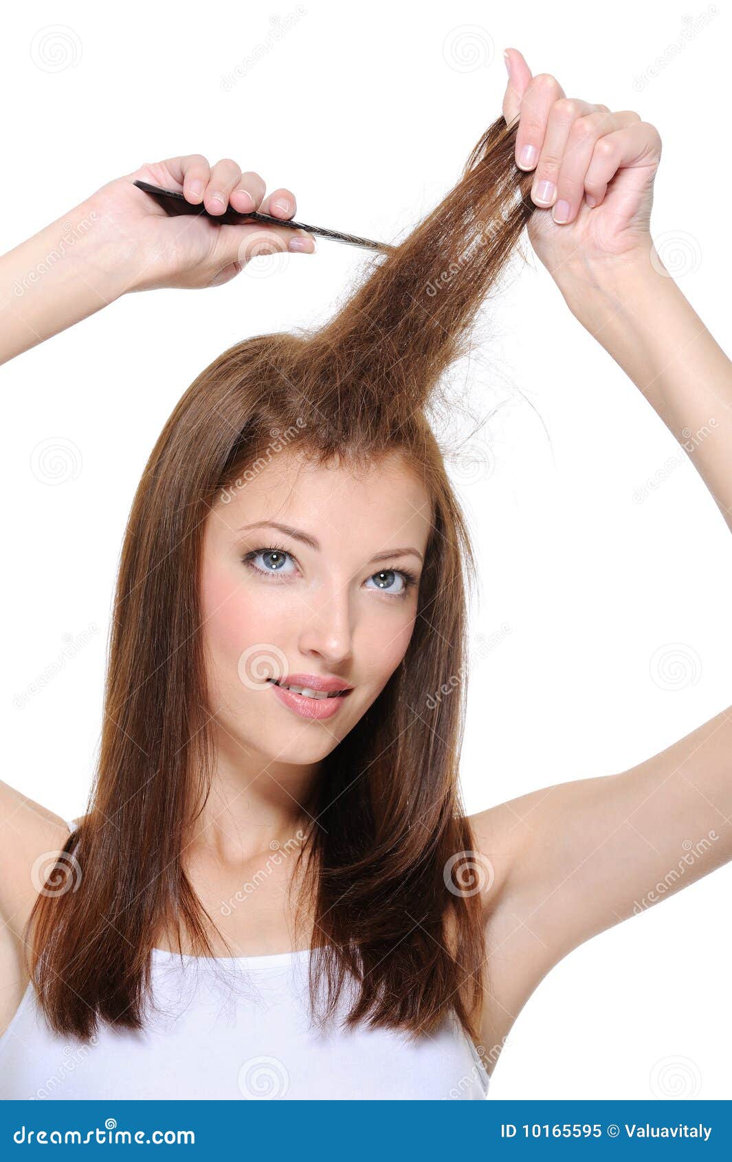 Young Brunette Girl Doing Backcombing with Comb Stock Image - Image of ...