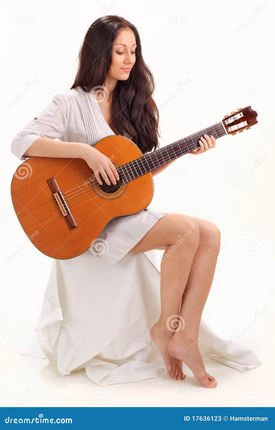 Young Brunette Lady Playing Acoustic Guitar Stock Image - Image of ...