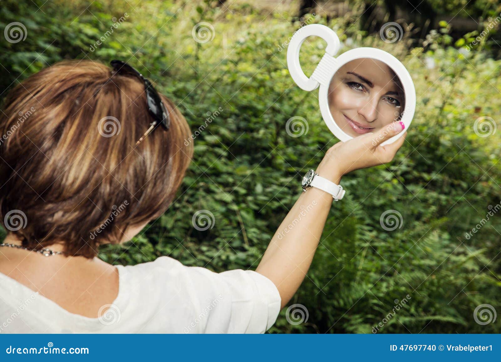 Young Brunette is Looking To the Mirror Stock Photo - Image of brown ...