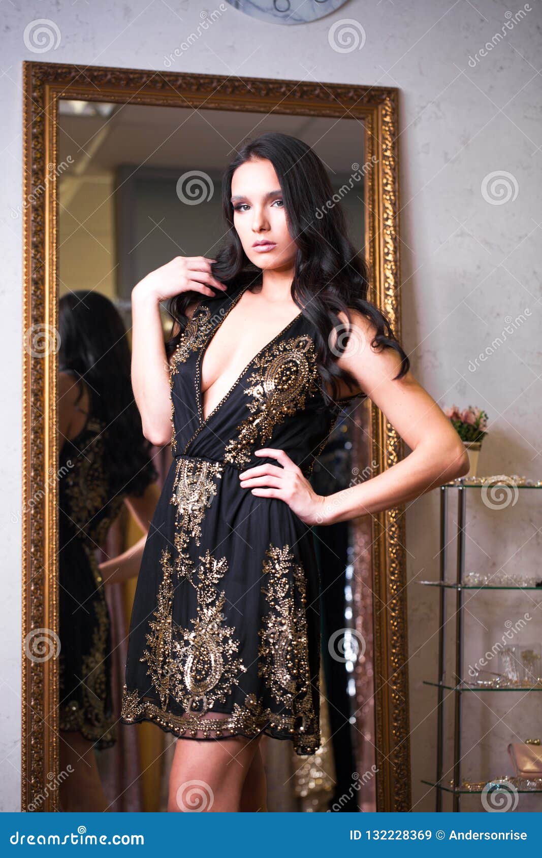 Young Brunette Model In Black Dress Stock Image Image Of Dress