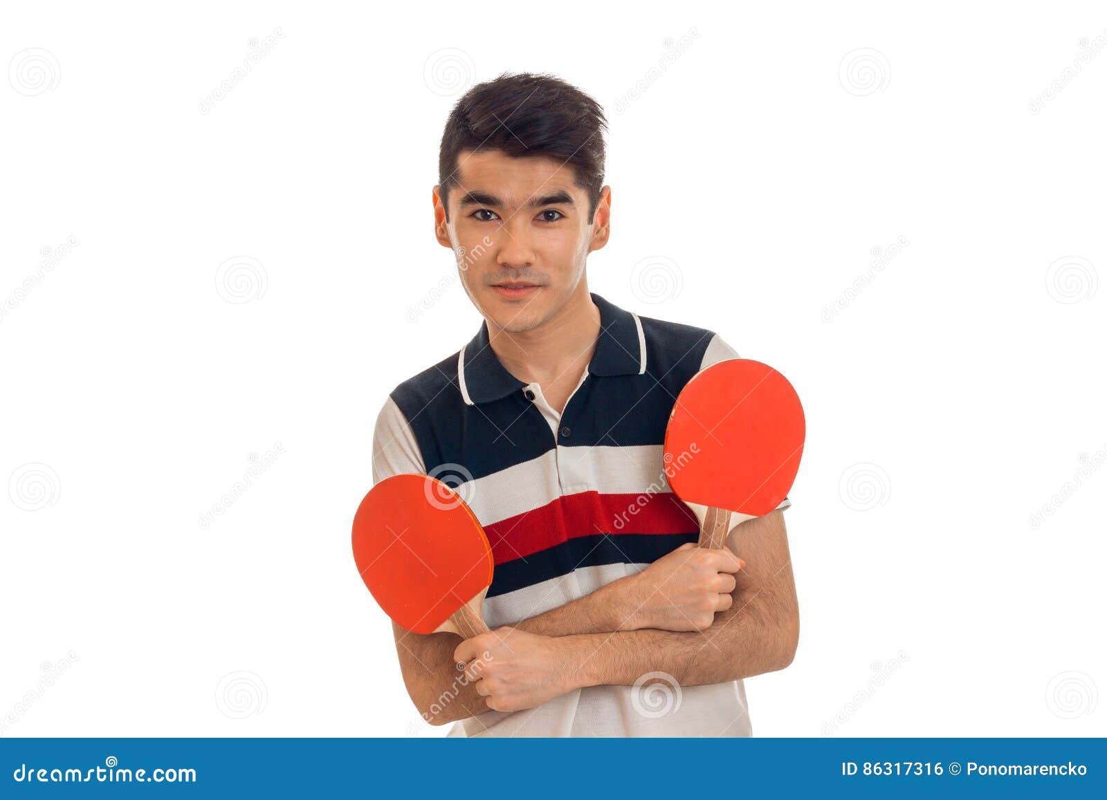 Young Brunette Sports Man Practicing Ping-ping Isolated on White ...
