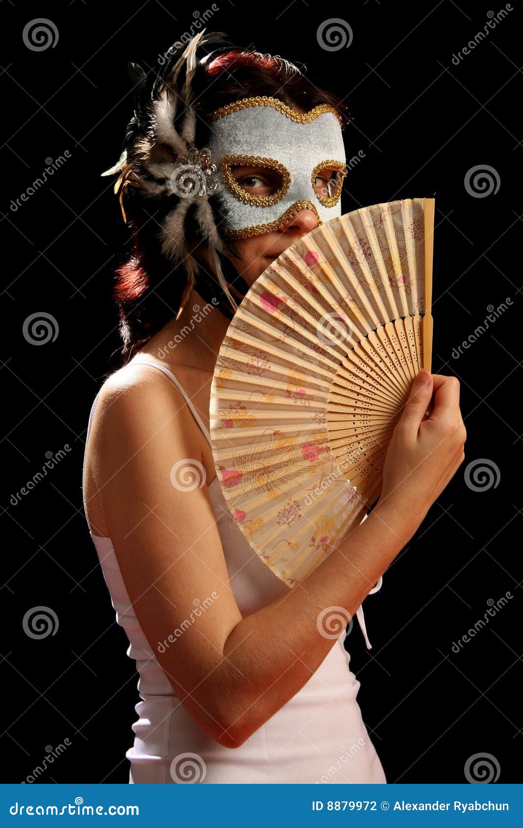Young Brunette with Venetian Mask and Spanish Fan Stock Photo - Image ...