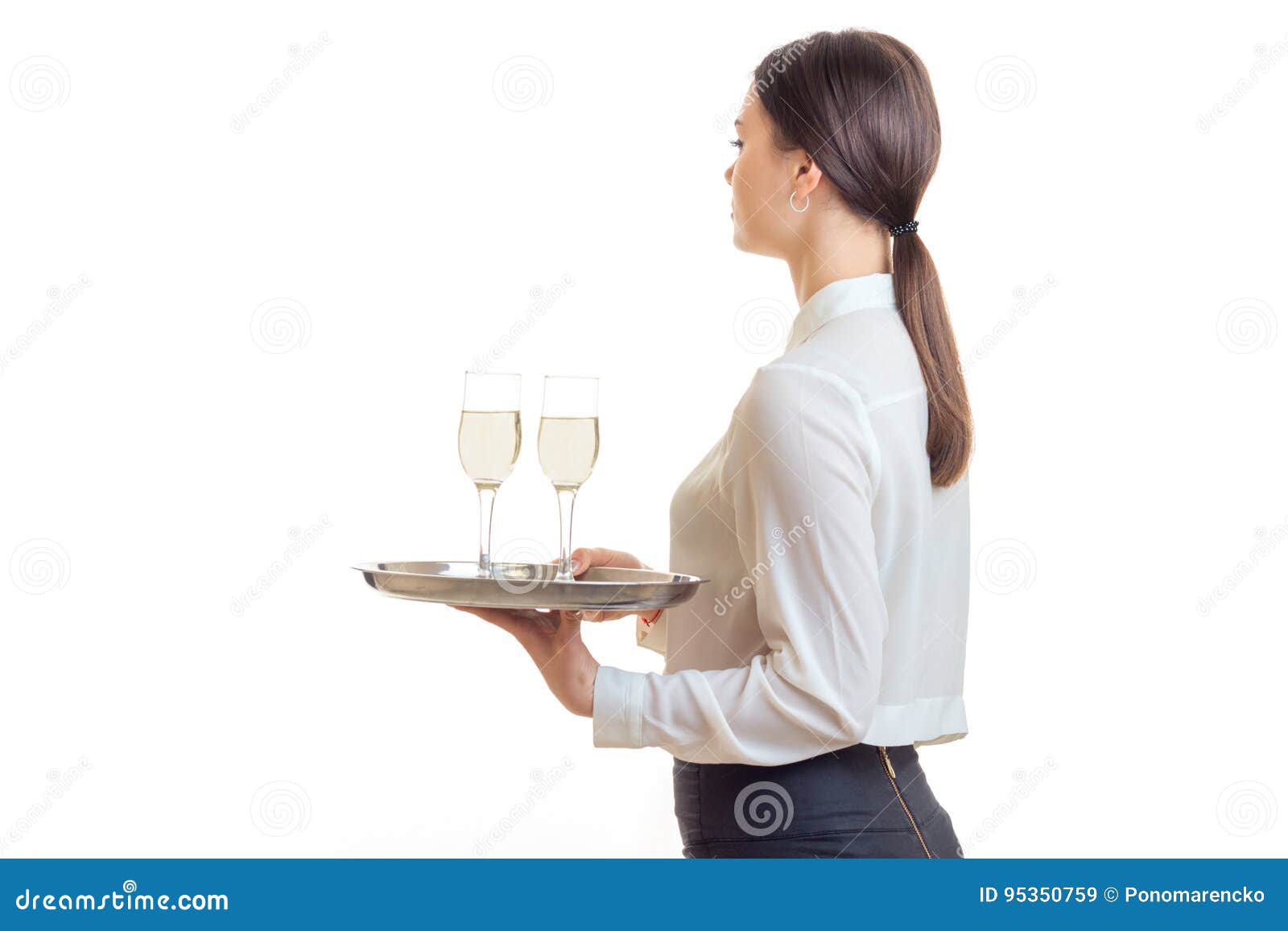 Young Brunette Waitress In Uniform With Trey In Hands Stock Image ...