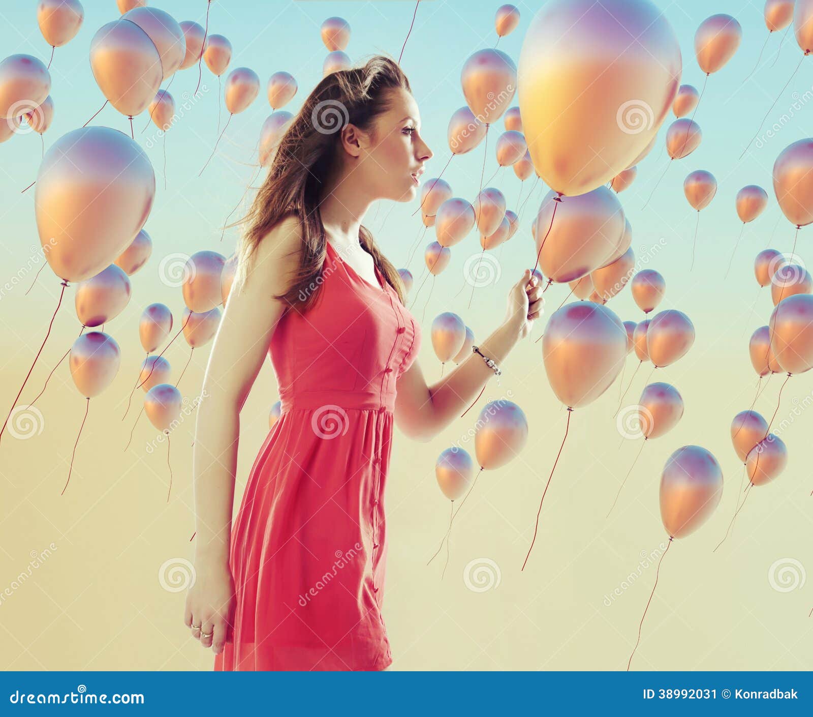 Young Brunette Woman among the Balloons Stock Image - Image of happy ...