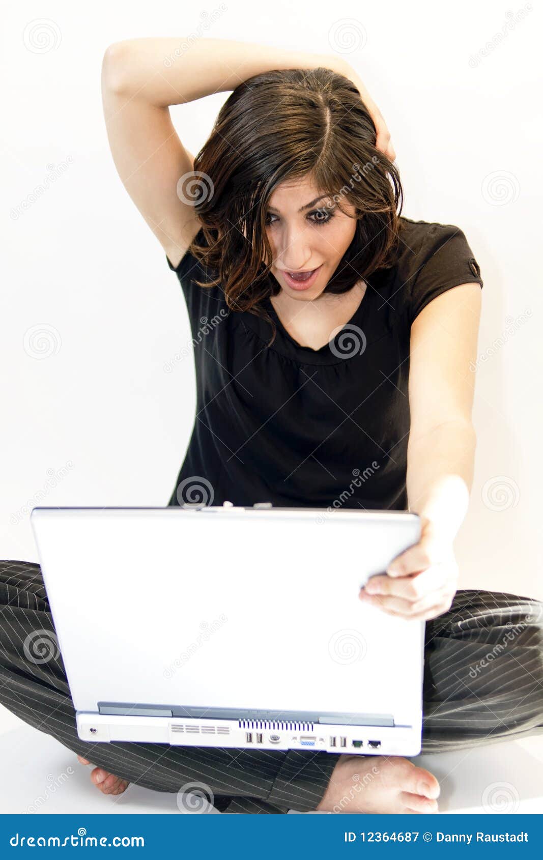 Young Brunette Woman Finds Surprise on Computer Stock Image - Image of ...