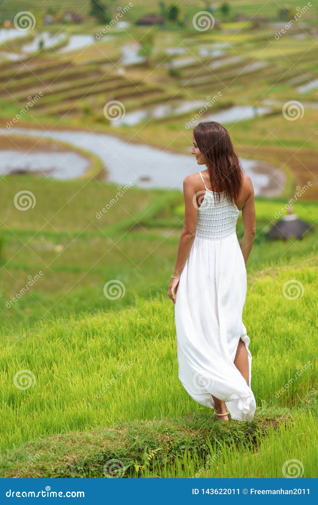 Young Brunette Woman Turning Her Back Posing Against the Background of ...