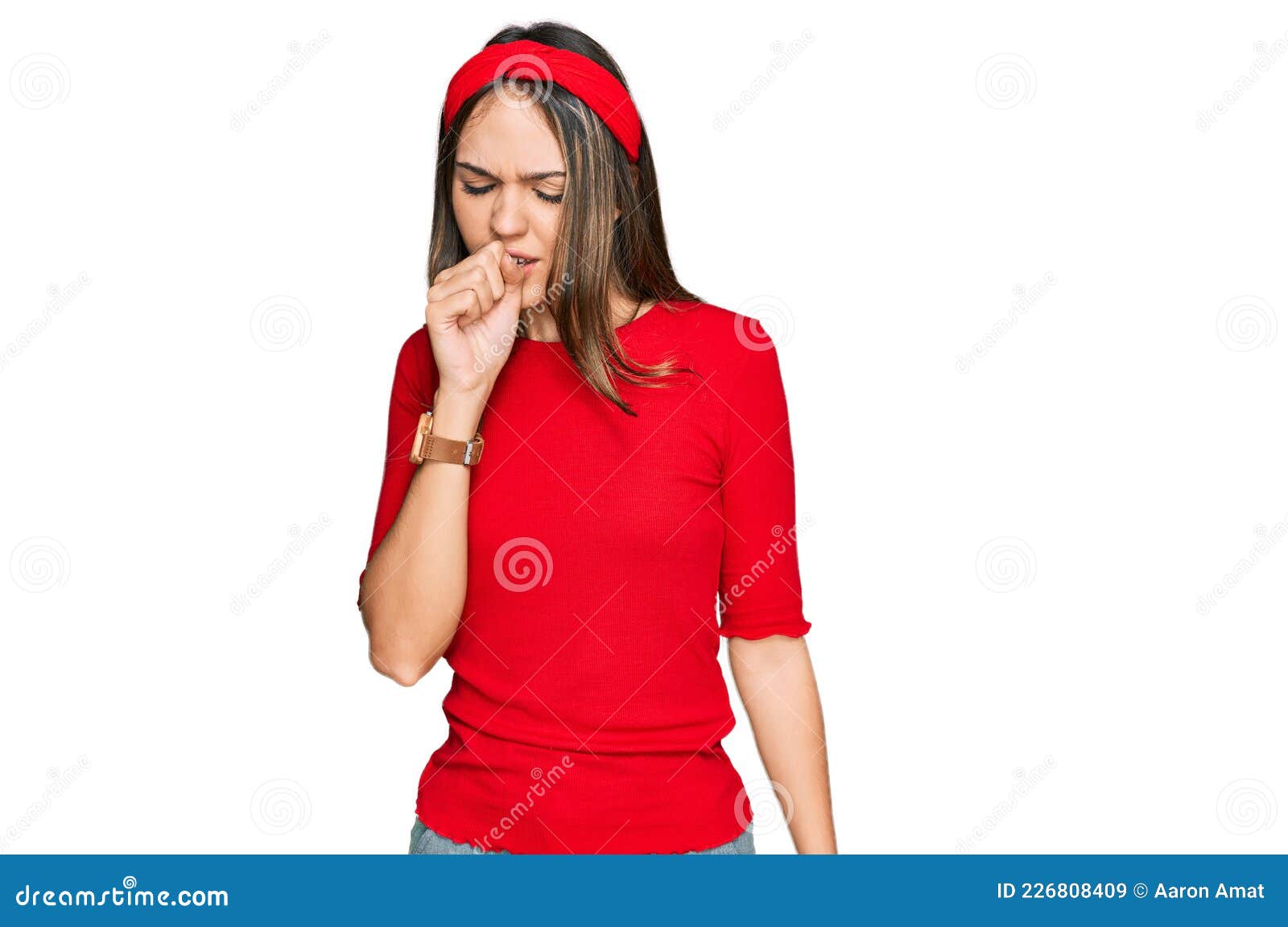 Young Brunette Woman Wearing Casual Clothes Feeling Unwell And Coughing