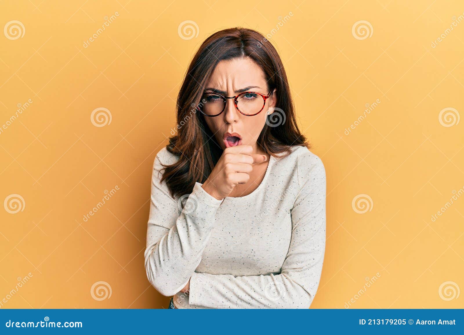 Young Brunette Woman Wearing Casual Clothes And Glasses Feeling Unwell