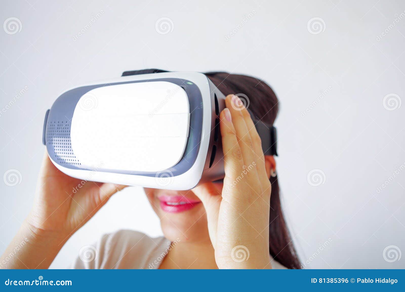 Young Brunette Woman Wearing Virtual Reality Goggles Experiencing ...