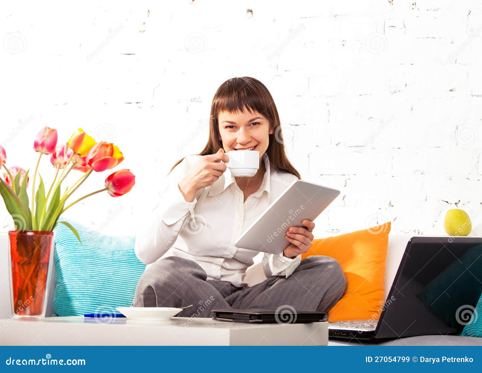 Young Brunette Woman Working at Home Stock Image - Image of adult ...