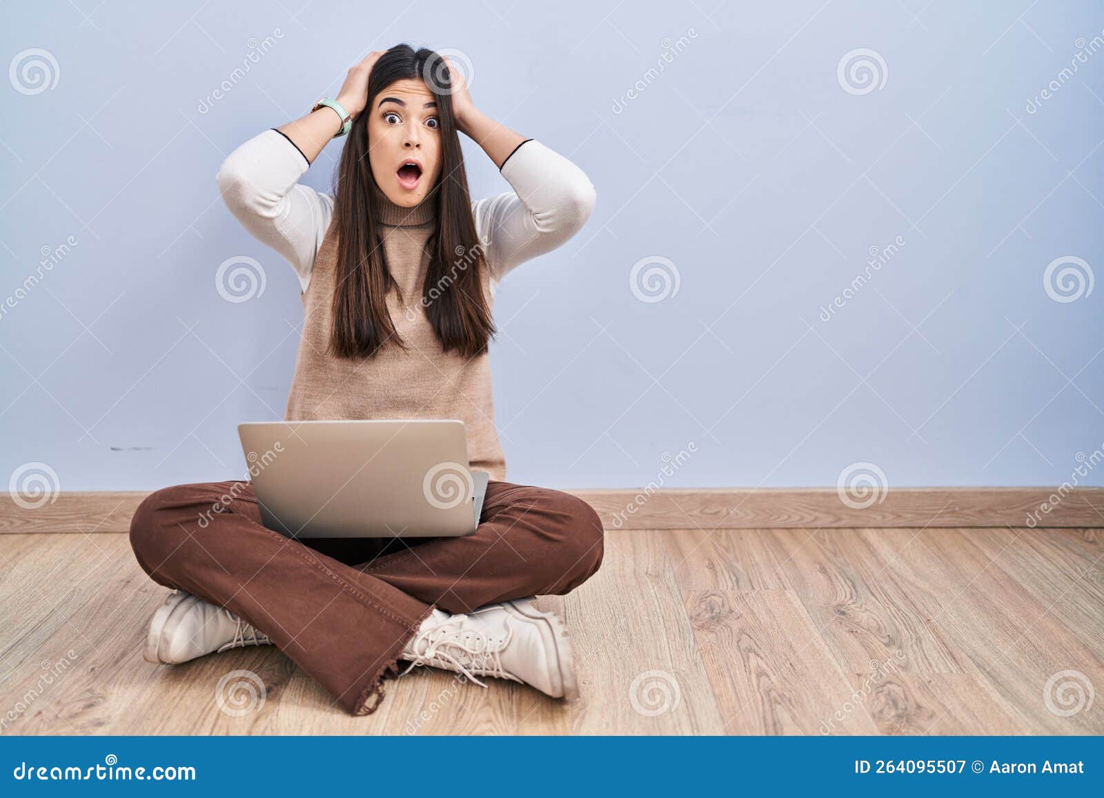 Young Brunette Woman Working Using Computer Laptop Sitting on the Floor ...