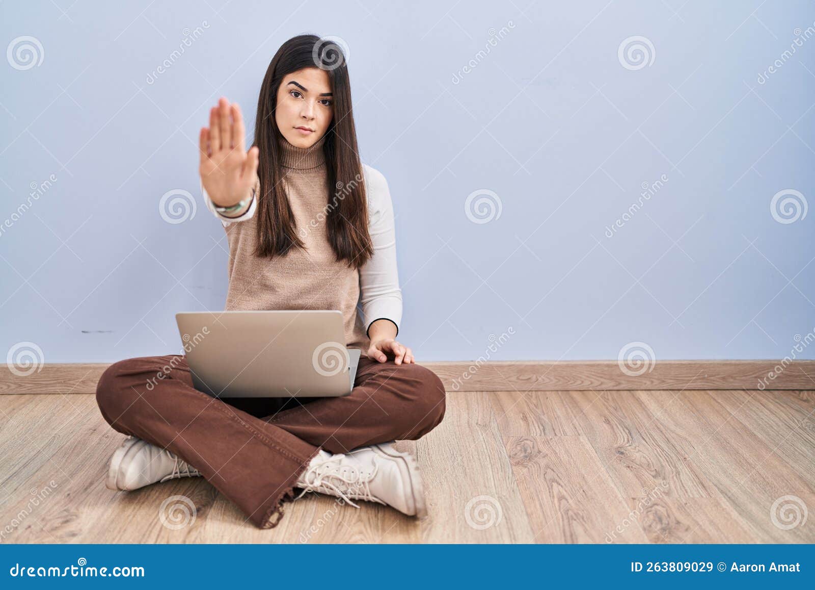 Young Brunette Woman Working Using Computer Laptop Sitting on the Floor ...