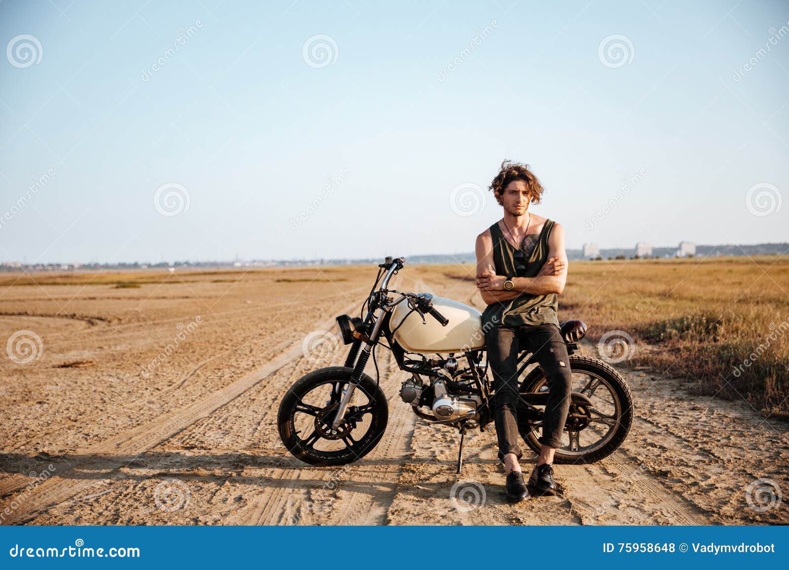 Young Brutal Man Leaning on a Motorcycle Stock Photo - Image of racer ...