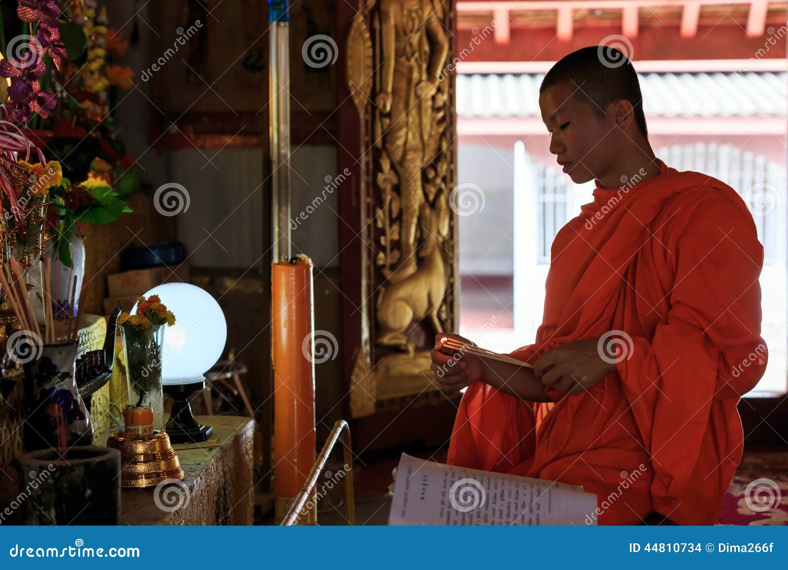 Young Buddhist Monk Light Incense Sticks Stock Photo - Image of robe ...