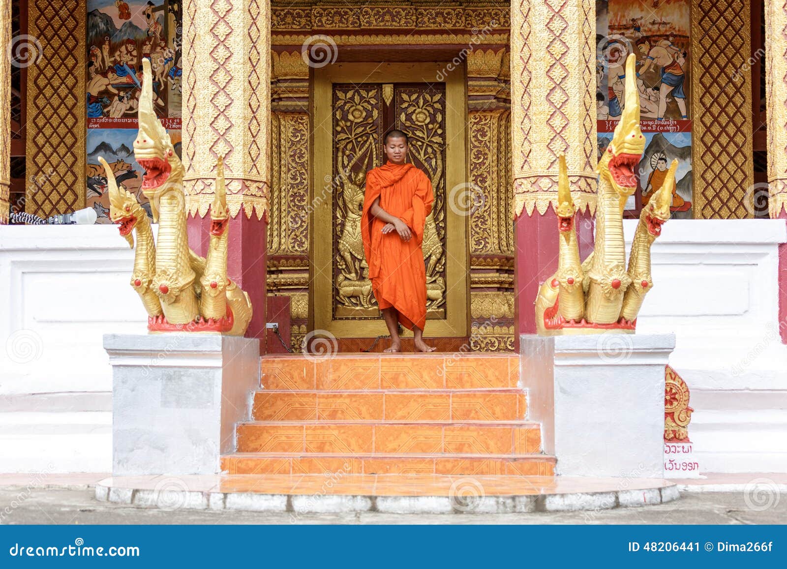 Young Buddhist Monk Standing in Front of Monastery Stock Image - Image ...