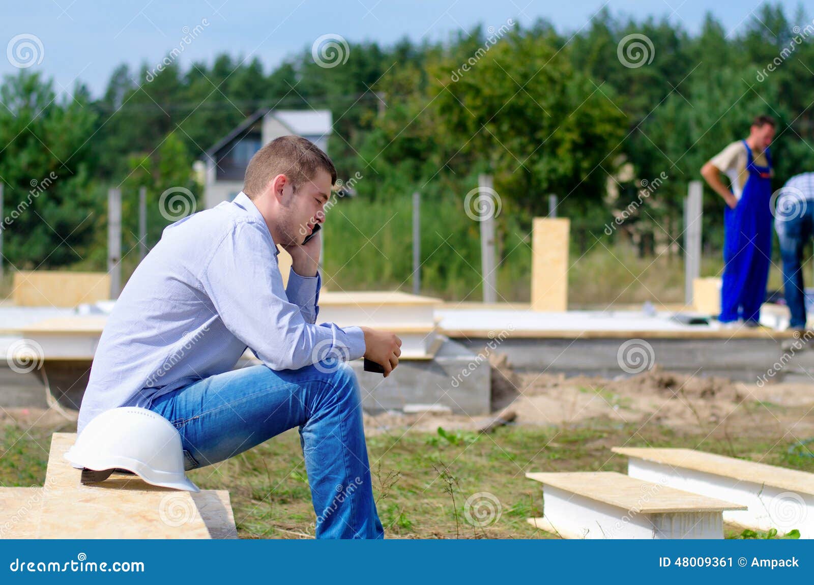 Young Builder Chatting on His Mobile Stock Image - Image of inspector ...
