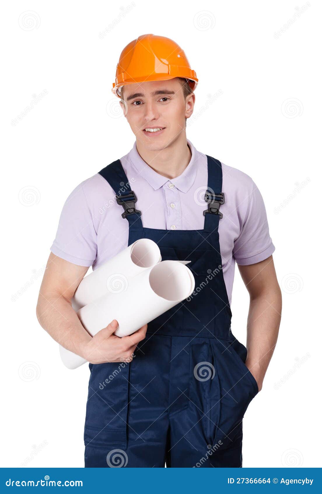 Young Builder in Hard Hat with Blueprints Stock Photo - Image of ...