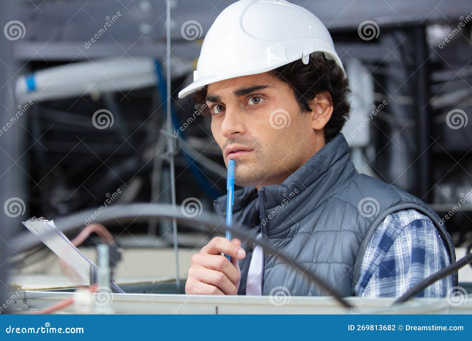 Young Builder Looking at Electrical Installation in Building Ceiling ...