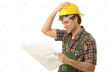 Young Builder Looking at Floor Plan Stock Image - Image of color ...