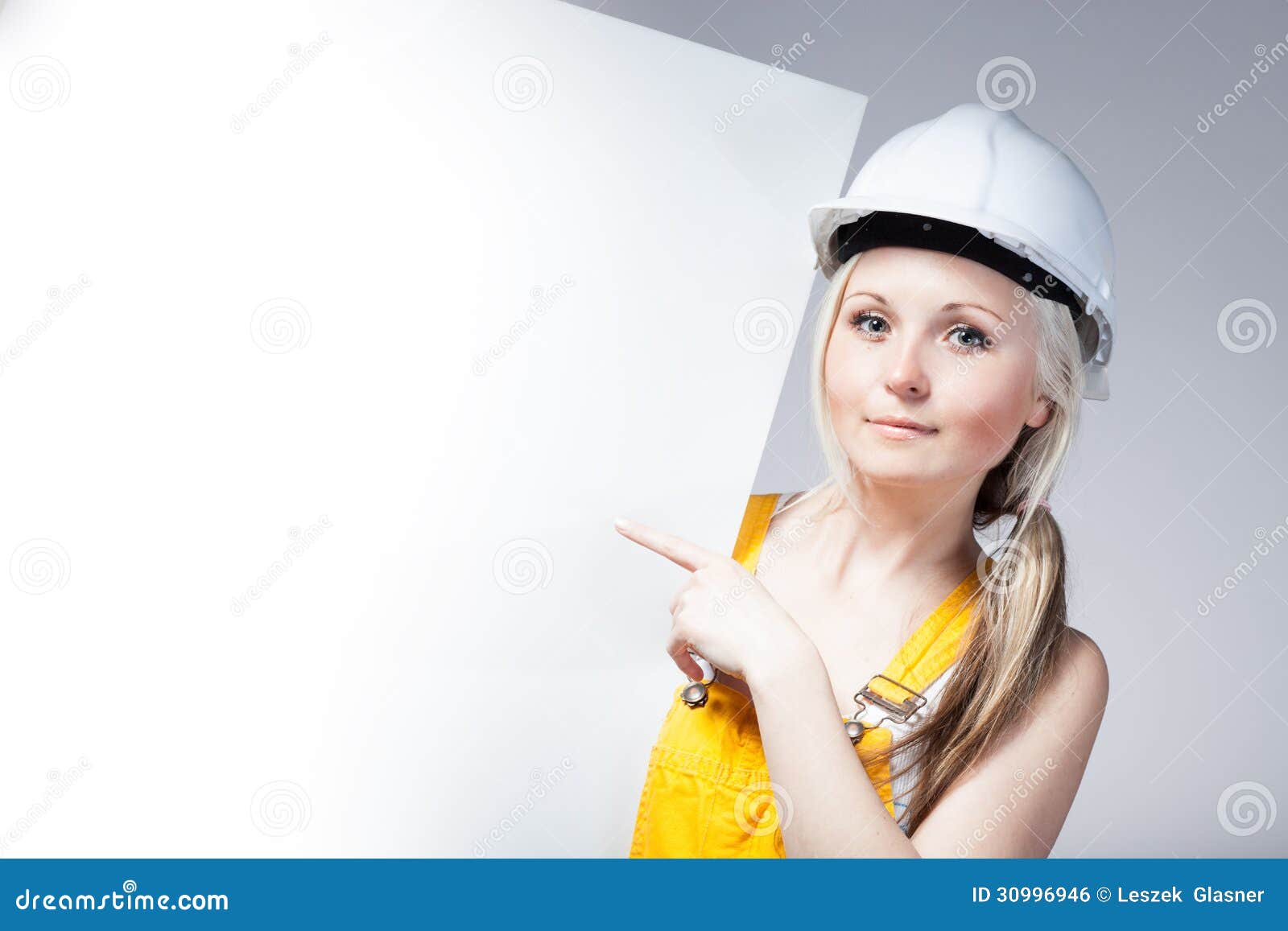 Young Builder Woman Construction Worker, Empty Banner Stock Photo ...