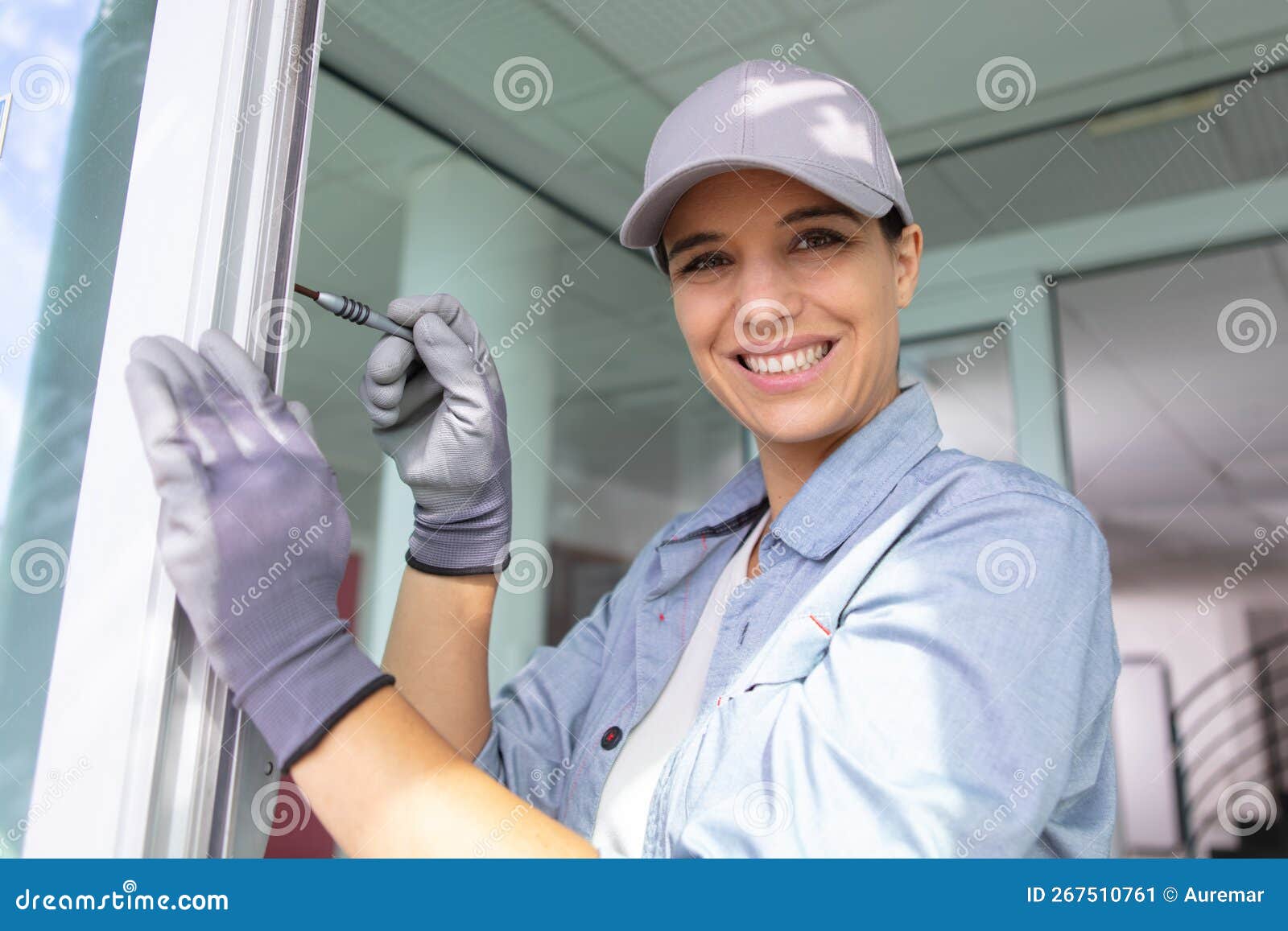 Young Builder Woman Installing Window Stock Image - Image of curtain ...