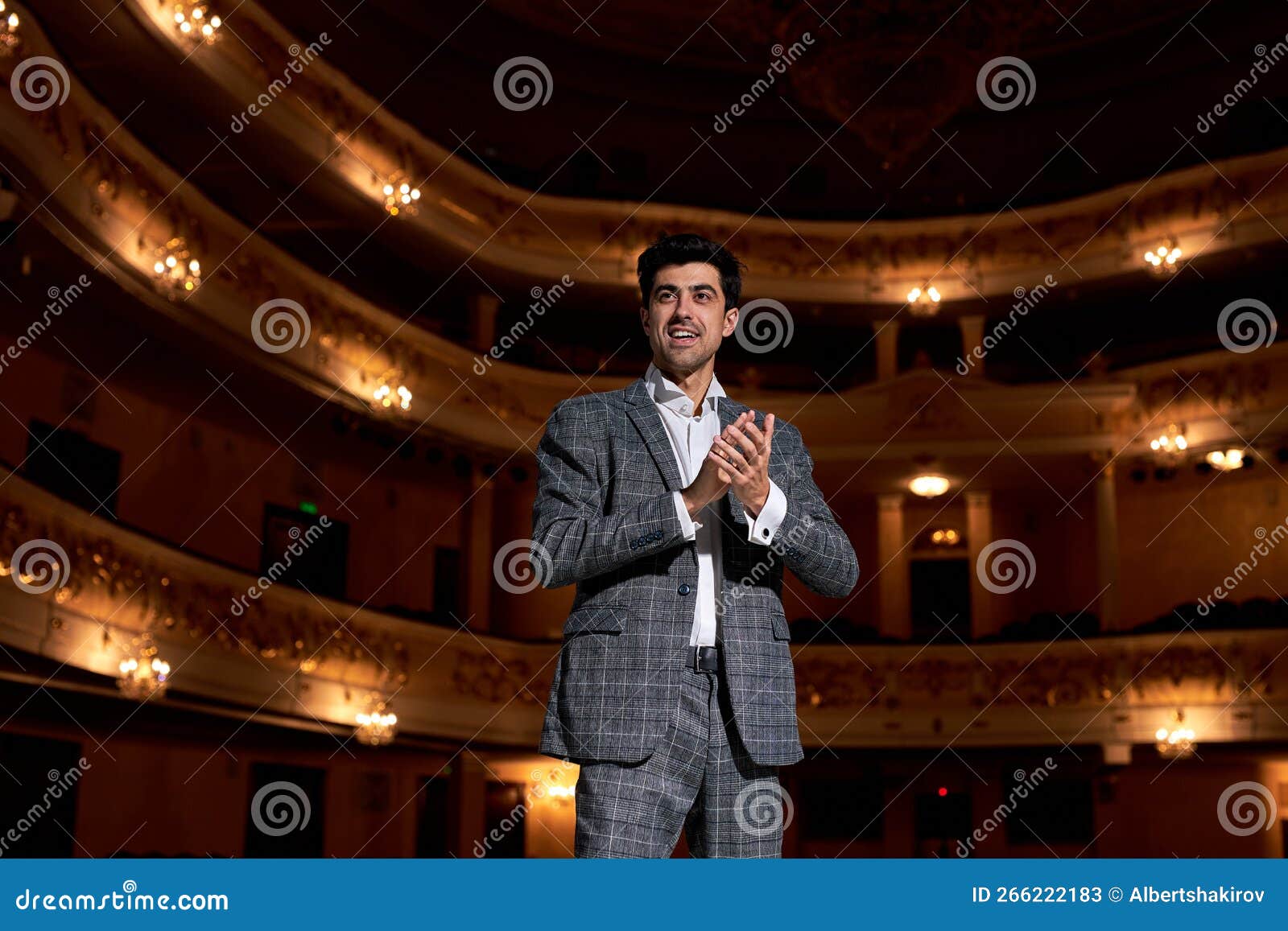 Young Business Couch Standing on Stage Clapping Hands, Keep Hands ...