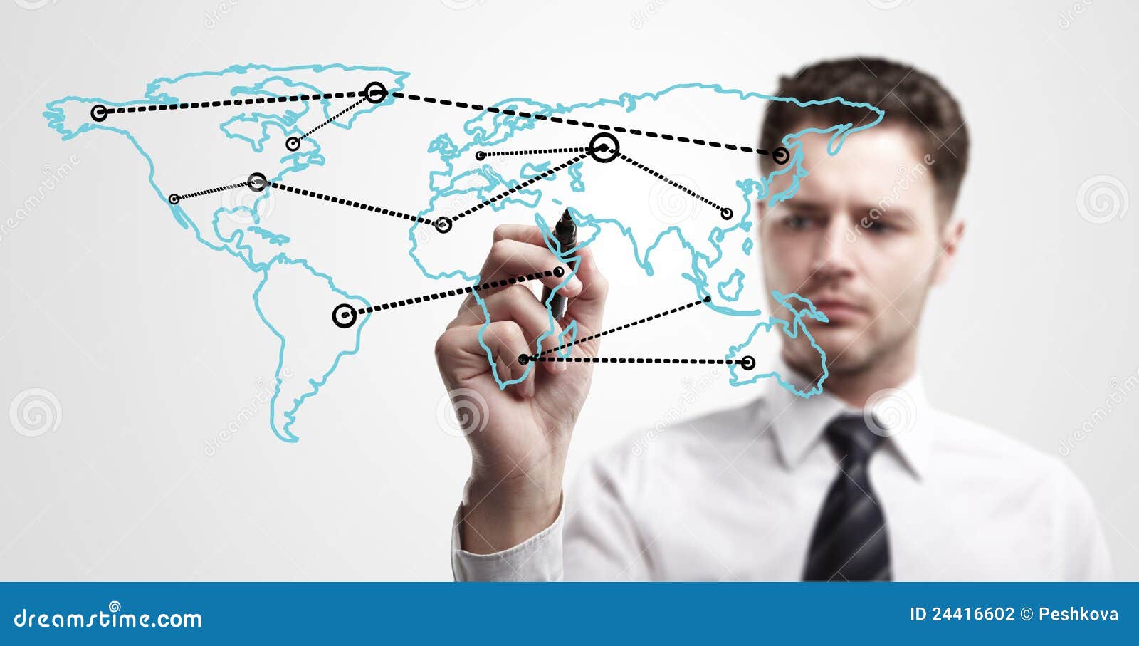 Young Business Man Drawing a Global Network Stock Photo - Image of ...