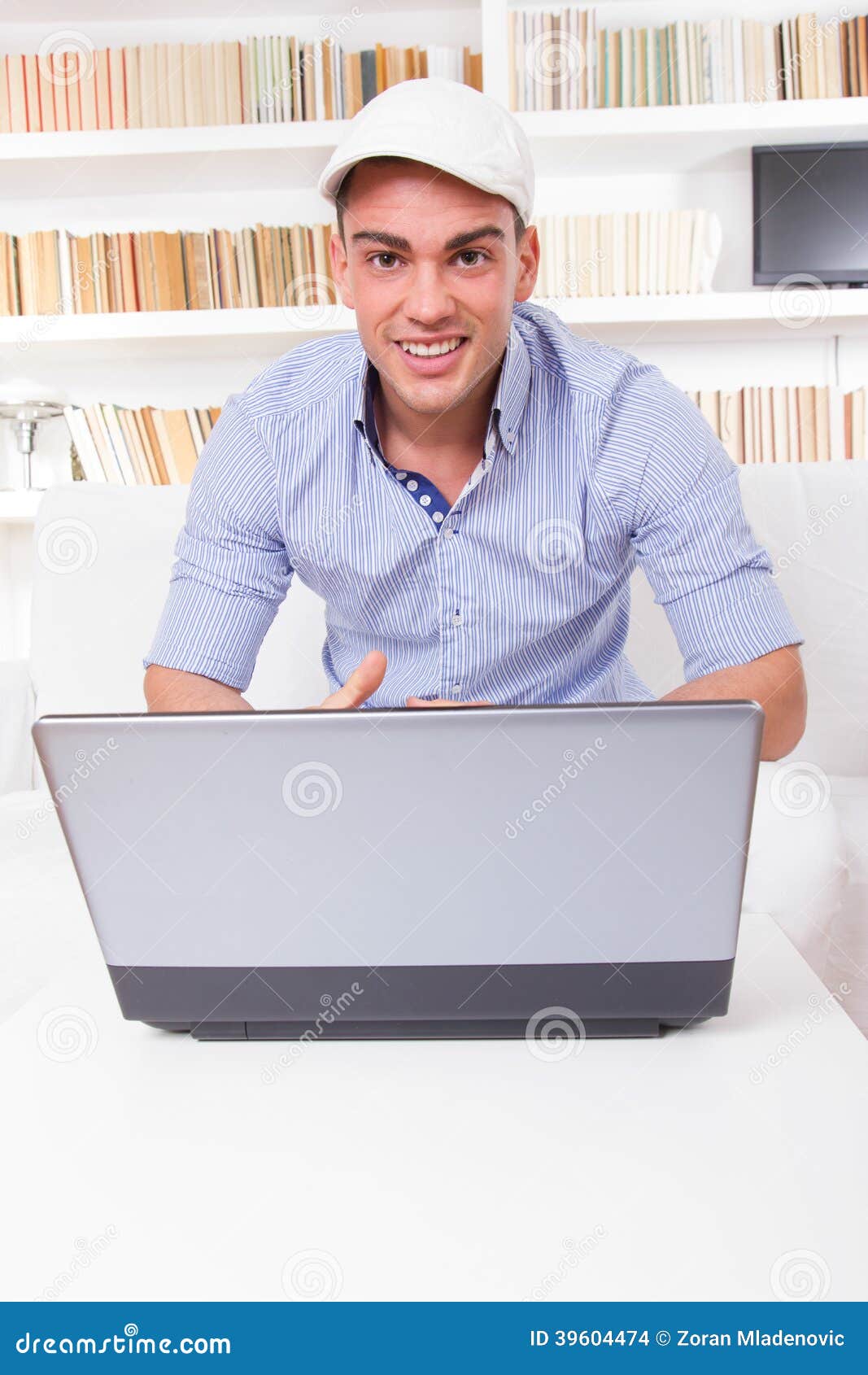 Young Business Man Looking at Laptop Computer Screen Smiling Stock ...