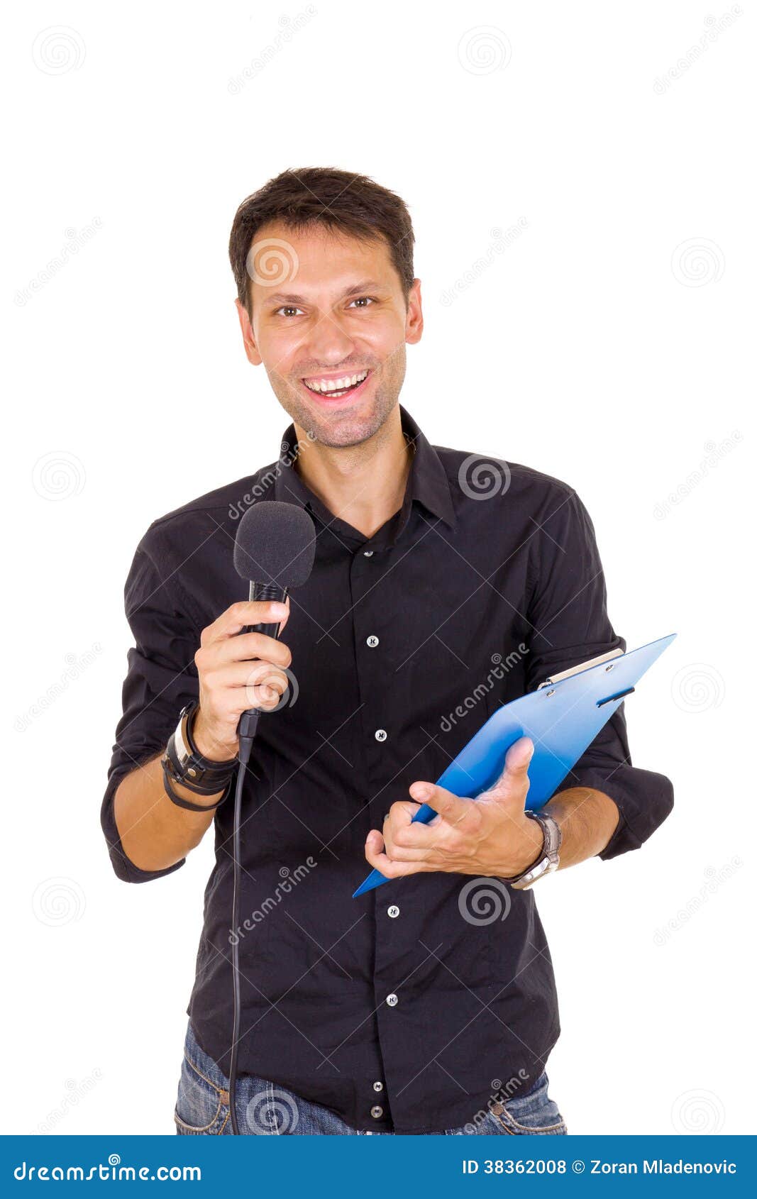 Young Business Man with Notes Announcing on Microphone Stock Photo ...