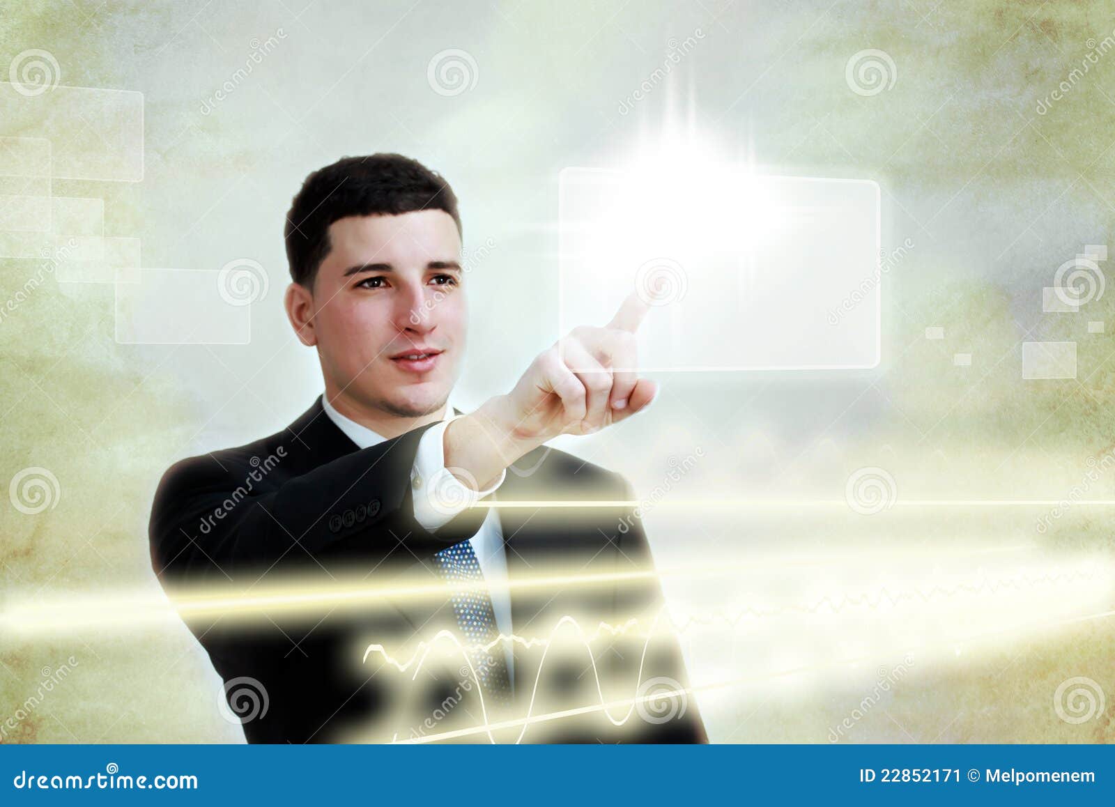 Young Business Man Selecting a Touch Screen Button Stock Image - Image ...