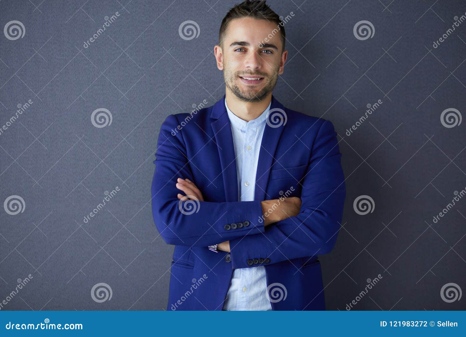 Young Business Man Standing Isolated on Grey Background Stock Photo ...