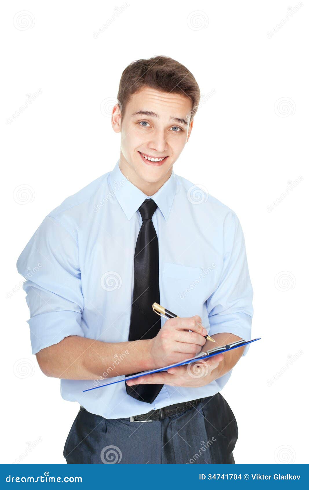Young Business Man Taking Notes Isolated on White Background Stock ...