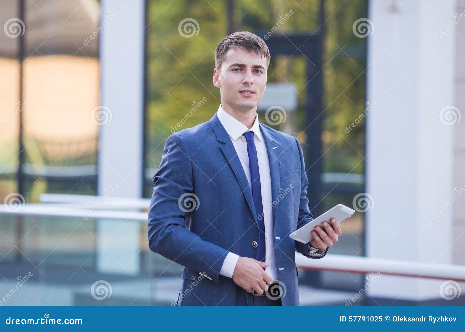 Young Business Man Think Look Up Hold Tablet Pc Stock Image - Image of ...