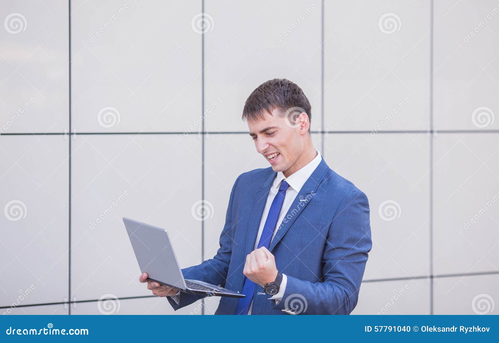 Young Business Man Think Look Up Hold Tablet Pc Stock Photo - Image of ...